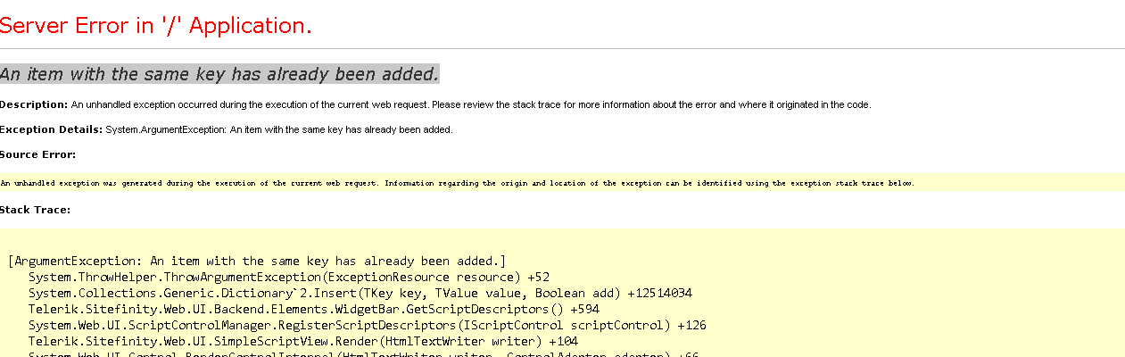 Error An Item With The Same Key Has Already Been Added When Accessing