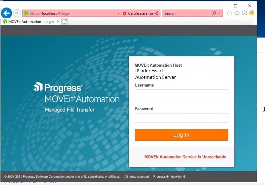 MIA Web Admin fails to login with error: MOVEit Automation Service is Unreachable - Progress ...