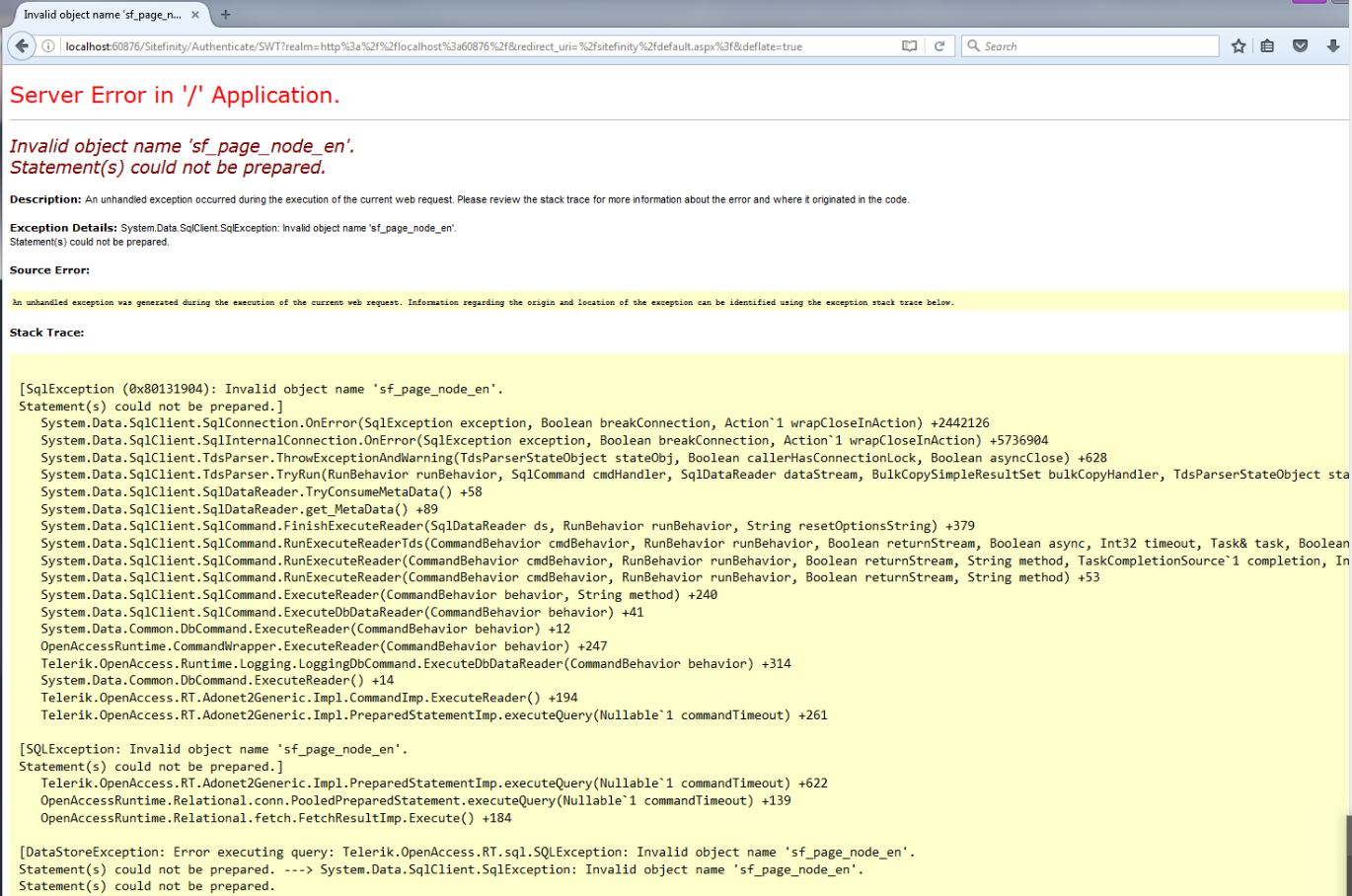 "Invalid object name 'sf_table_name_en' Statement(s) could not be prepared" error message on ...