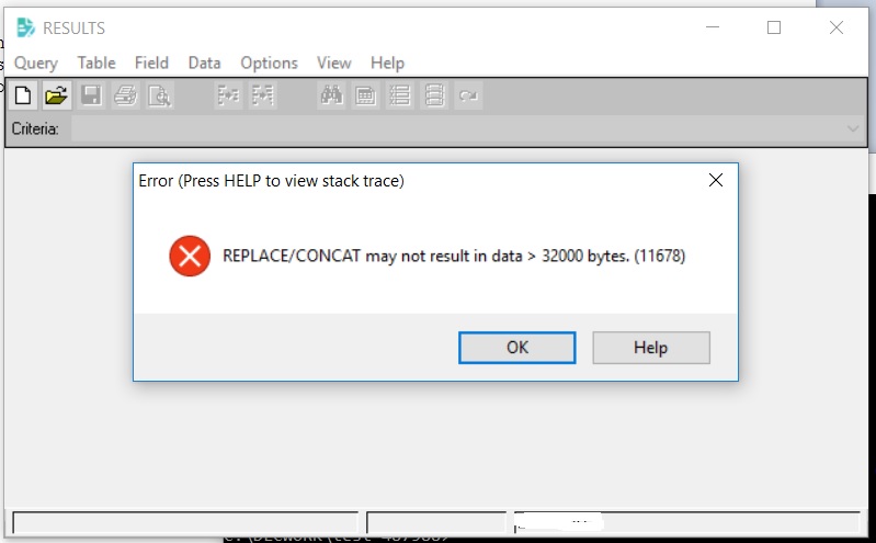 Running Results tool with too many tables fails with error (11678 ...