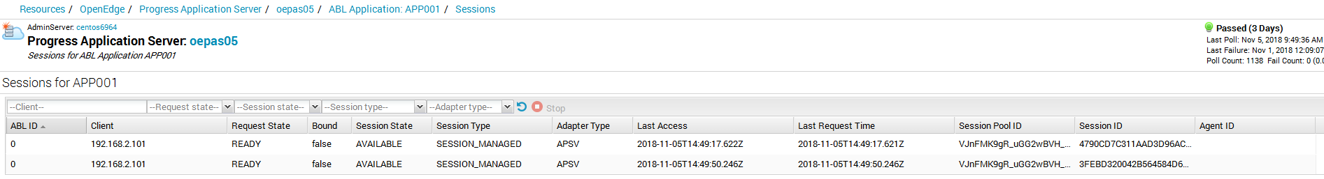 PASOE sessions REST API doesn't return the correct results in OpenEdge Explorer or called ...