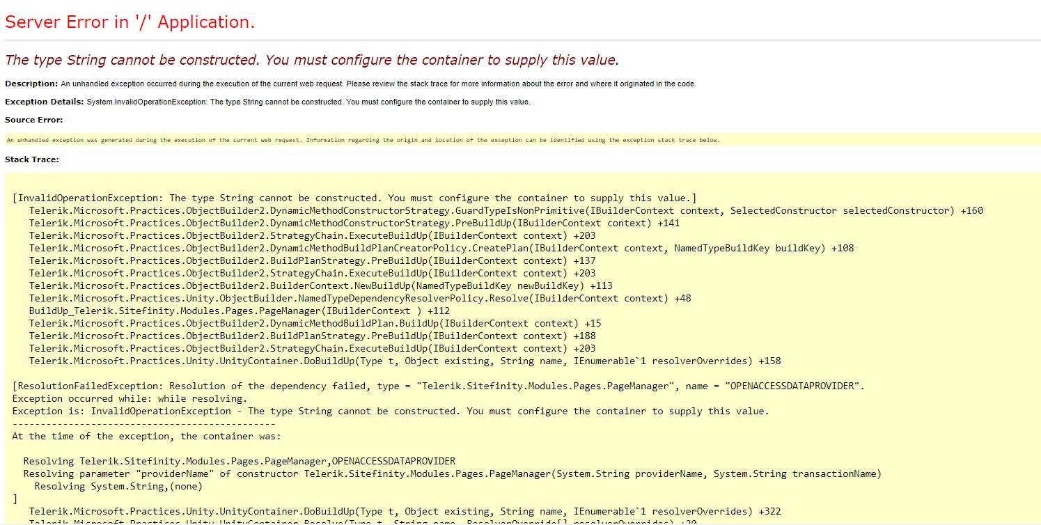 Error: Resolution of the dependency failed, type = "Telerik.Sitefinity.Modules.Libraries ...