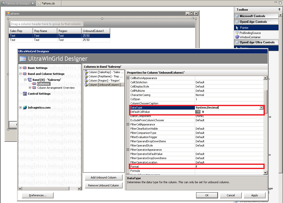 How to set type and formatting of an unbound column in an UltraGrid ...