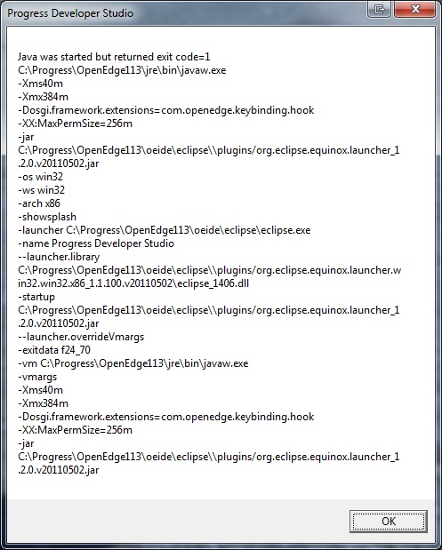 Java exception when starting Progress Developer Studio - Progress Community
