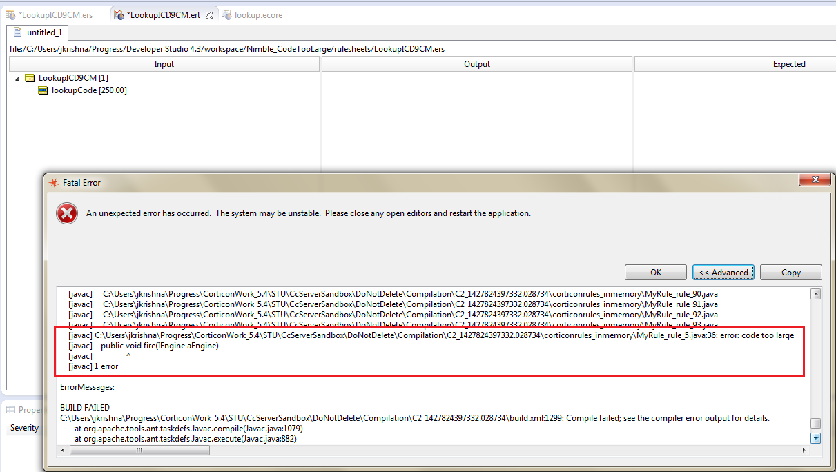 Testing a rulesheet in Studio fails with a compilation error : code too ...