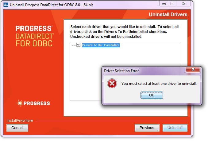Error uninstalling the Progress DataDirect for ODBC 8.0 drivers ...