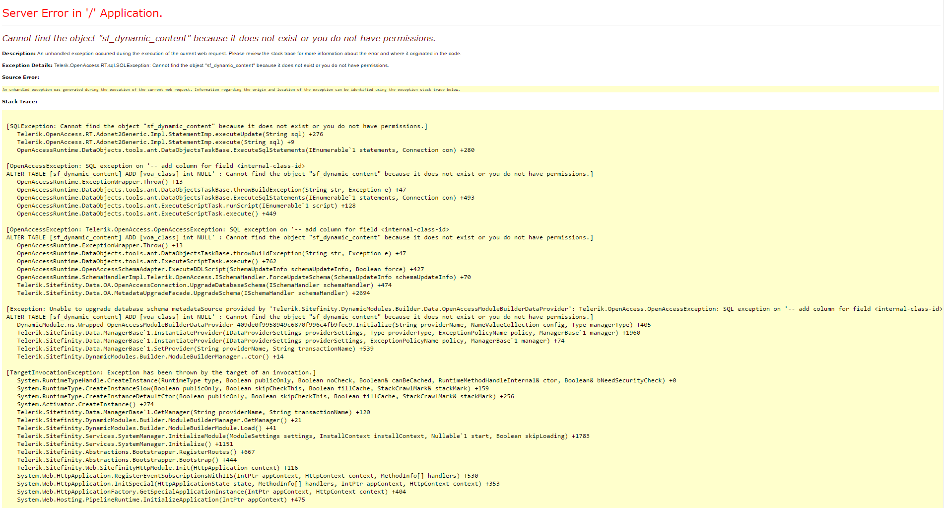 Cannot find the object "sf_dynamic_content" because it does not exist or you do not have ...