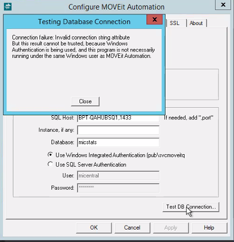 MOVEit Automation Database Credentials: Error when running upgrade and Invalid Connection String ...