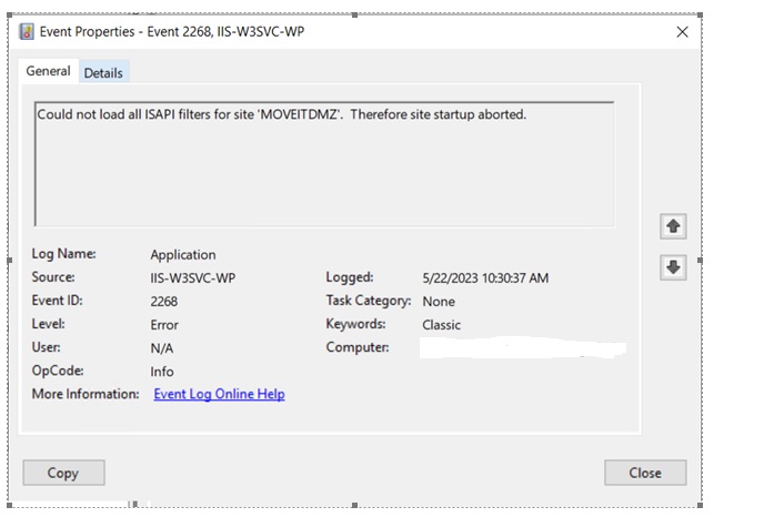 The MOVEit Transfer application will not start up, only WEB, Database ...