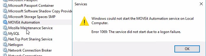 MOVEit Automation service will not start due to "Error 1069: The service did not start due to a ...