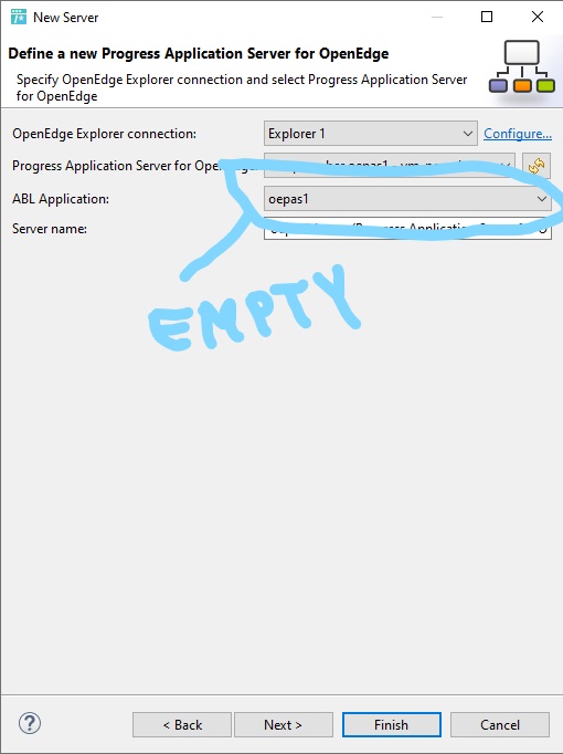 In PDSOE New Server dialog, ABL application combo box is empty - Progress Community
