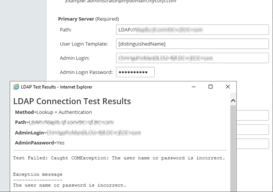 LDAP Server setup errors with: Test Failed: Caught COMException: The ...