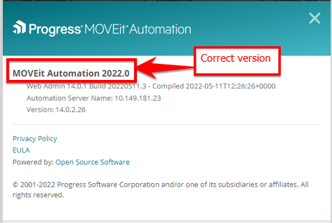 Incorrect Moveit Automation version showing under the "About" Window in Web Admin after upgrade ...