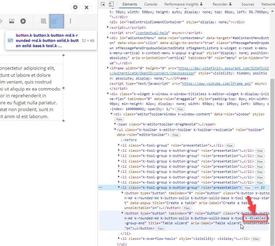Content Block Widget - Kendo Editor - Table Wizard button appears gray out when adding a table ...