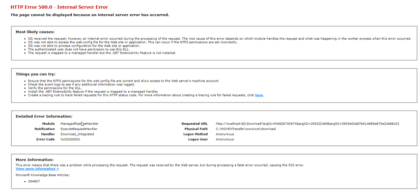 MOVEit Transfer-Web Console is displaying HTTP 500 - Internal Server ...