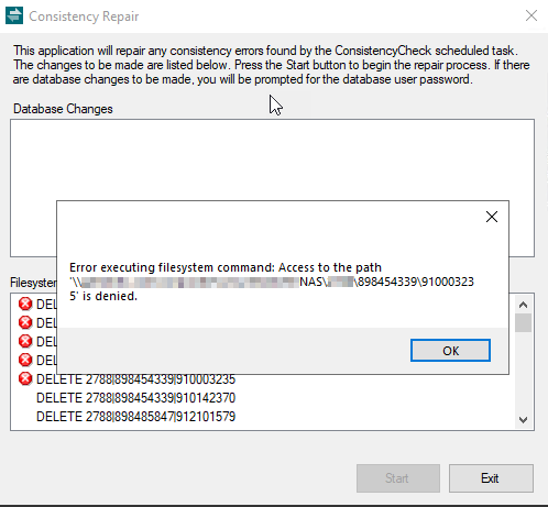 Consistency Repair error - Error executing filesystem command: Access to the path [filestore ...