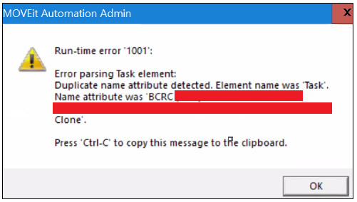 Moveit Automation Login Error Run Time Error 1001 Error Parsing Task Element Duplicate