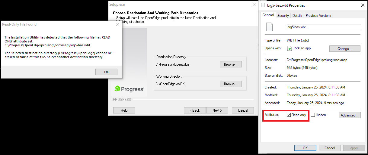 OpenEdge reinstallation fails due to READ ONLY *.wbt files after initially cancelling the ...