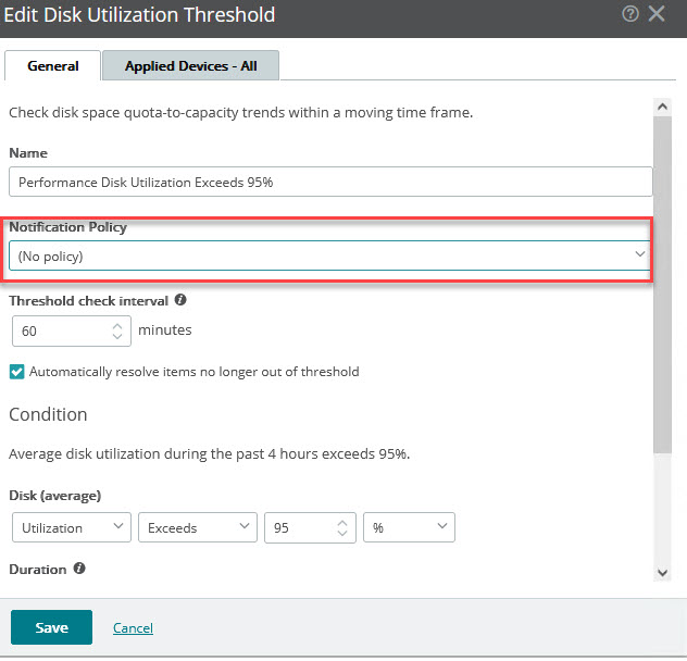 How to create/edit notifications, policies, and thresholds for Performance Monitors using Alert ...