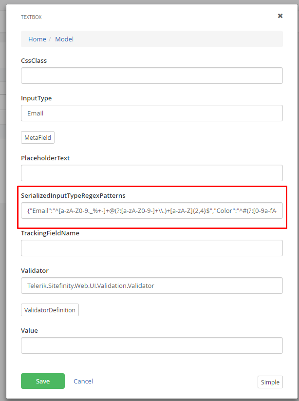 How to change the default Regex Patterns for TextFields in MVC Widgets and Forms - Progress ...
