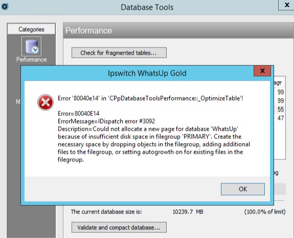 Error '80040e14' in 'CPpDatabaseToolsPerformance::_OptimizeTable'! - Progress Community