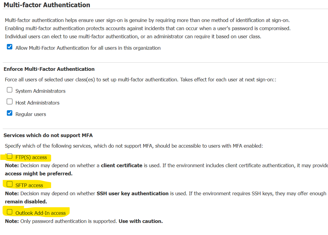 MFA is required but not supported for SFTP. - Progress Community